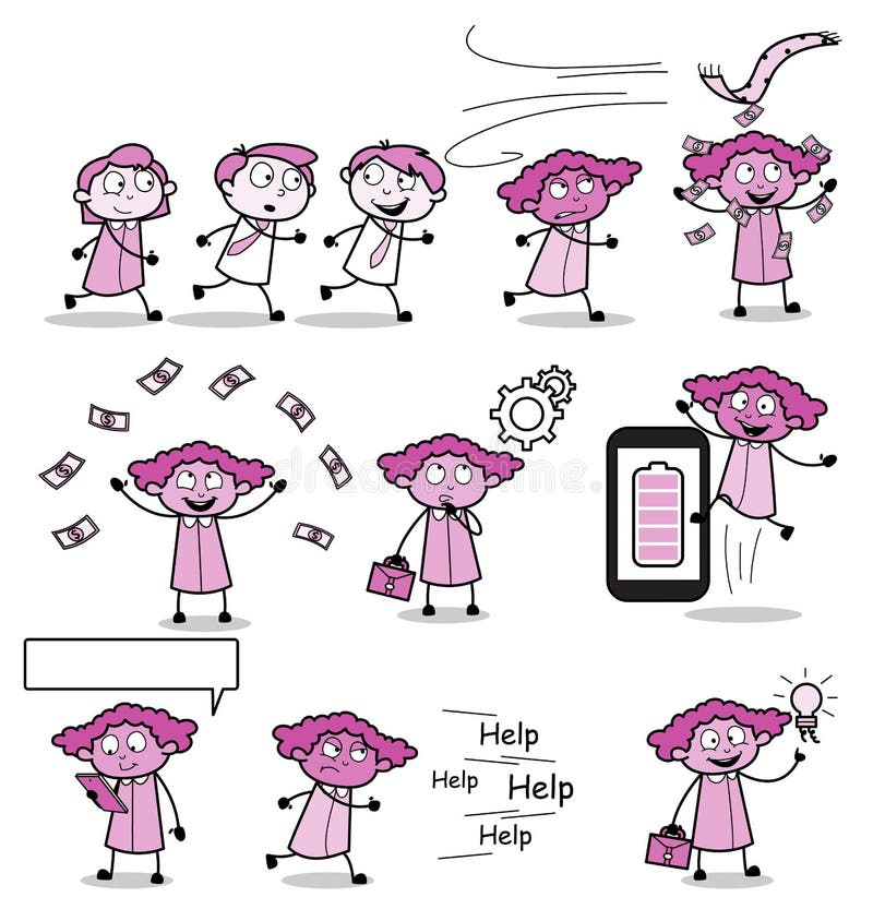 Vintage Set of Office Lady - Set of Concepts Vector Illustrations Stock ...