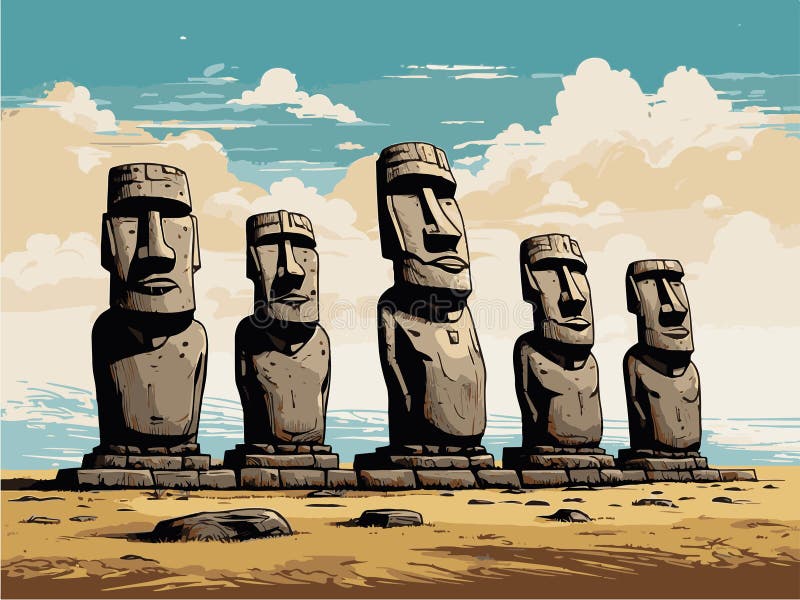 Moai Statues Illustration, Blue Sky Background, Detailed Cartoon Style ...