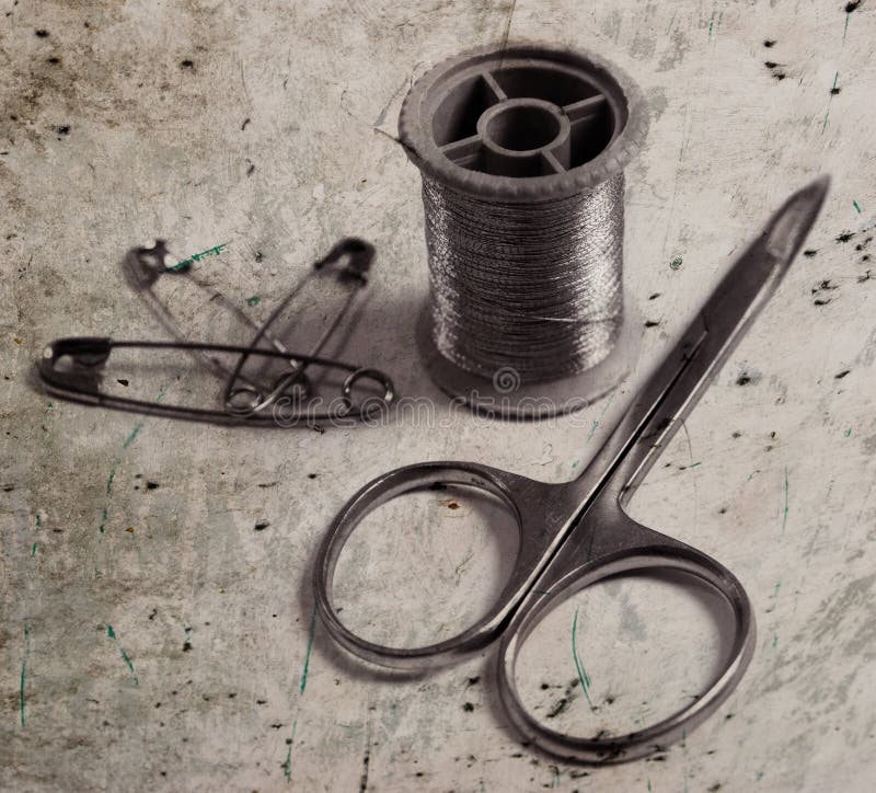 Vintage Set of Thread, Scissors, Pins Stock Photo - Image of needlework ...