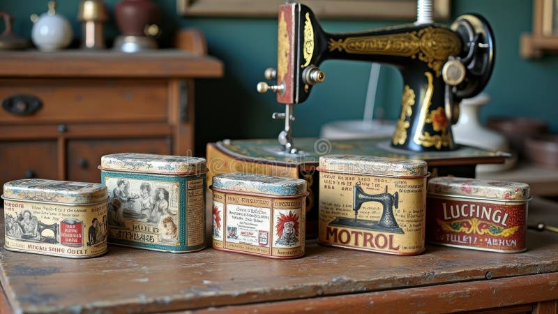 Vintage Sewing Machine and Antique Tin Collection on Rustic Wooden ...