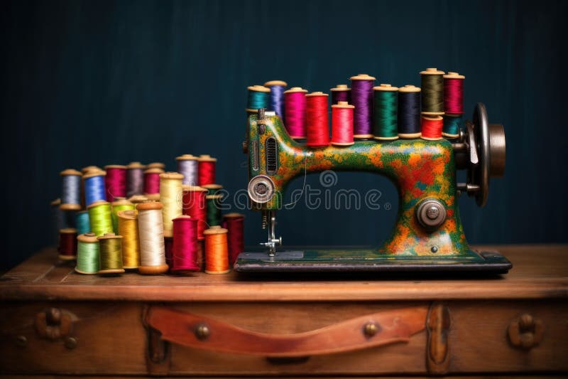 Vintage Sewing Machine with Colorful Thread Spools Stock Illustration ...
