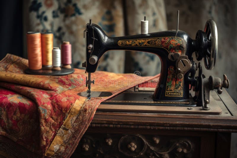 Vintage Sewing Machine with Fabrics and Threads in Various Colors Stock ...