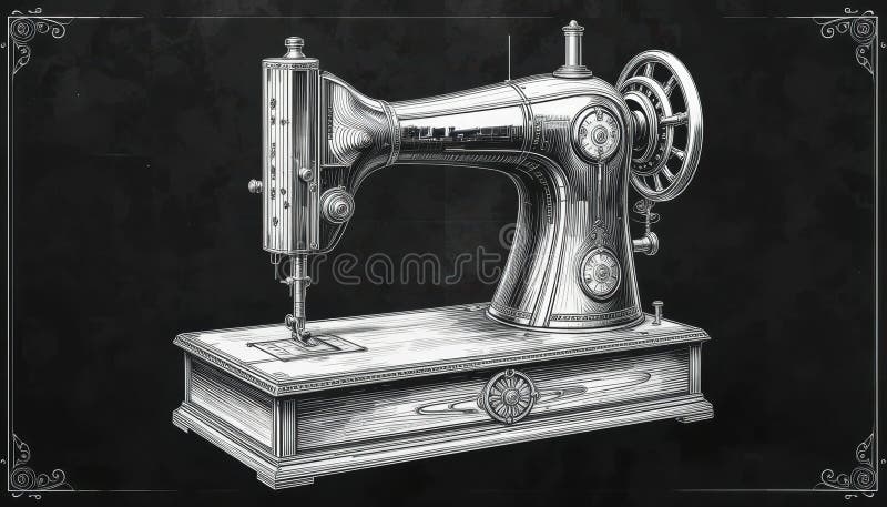 Vintage Sewing Machine Hand Drawn. Stock Illustration - Illustration of ...