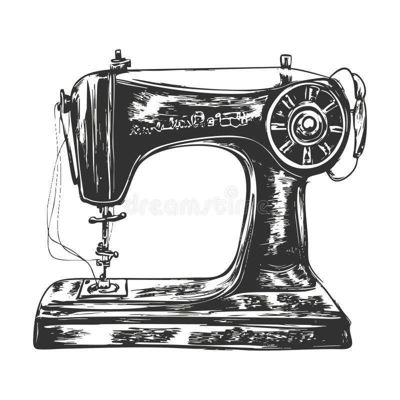 Vintage Sewing Machine Illustration in Black and White. Stock Vector ...