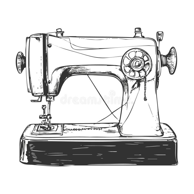 Vintage Sewing Machine Illustration in Black and White Line Art Style ...