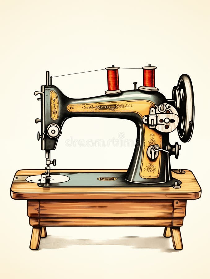 Vintage Sewing Machine with Red Thread Spools Stock Illustration ...