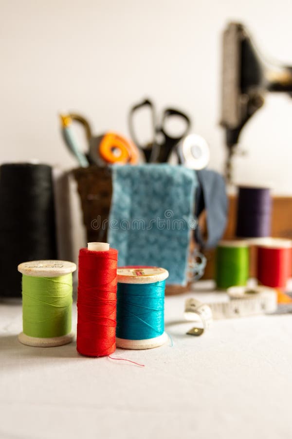 A Vintage Sewing Machine with Sewing Supplies Stock Photo - Image of ...