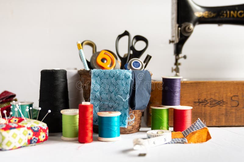 A Vintage Sewing Machine with Sewing Supplies Stock Photo - Image of ...