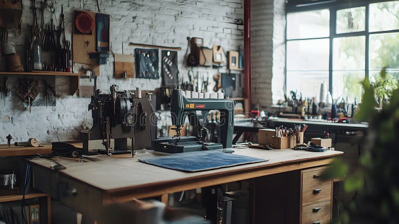 Vintage Sewing Machine in a Well Lit Artisan Workshop Stock ...