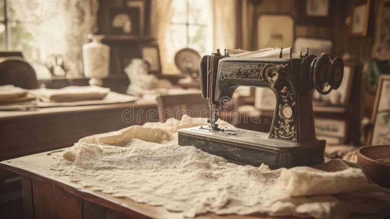 Vintage Sewing Machine on Wooden Table in Rustic Room Stock ...