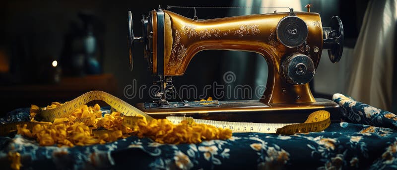 Vintage Sewing Machine, Yellow Tape Measure, and Fabric Stock ...