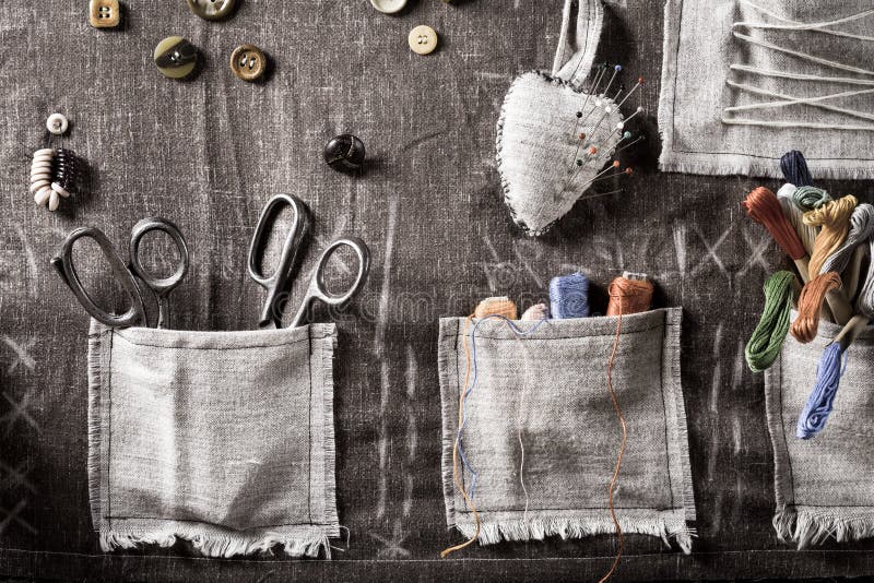 Vintage Sewing Mat with Threads and Buttons in Tailor Workshop Stock ...