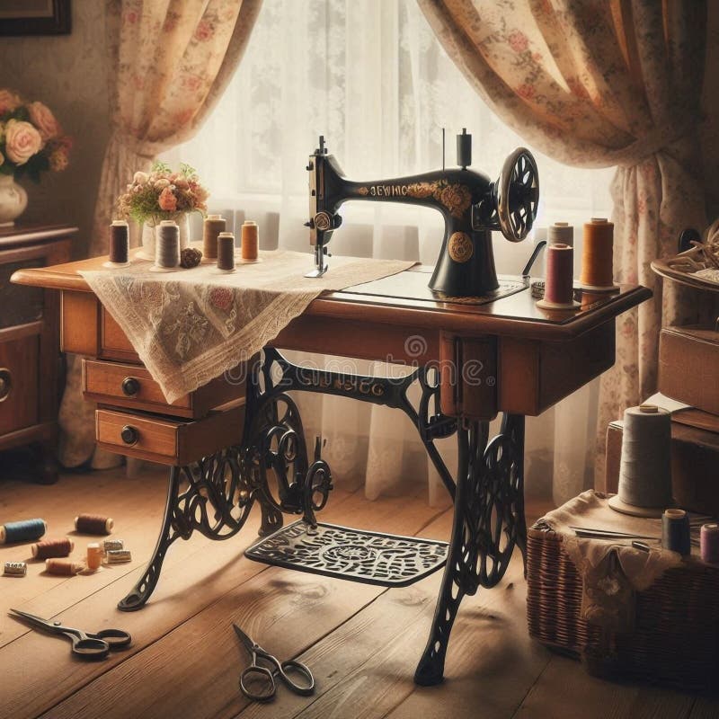 A Vintage Sewing Room with Nostalgic Classic Sewing Machine with Spools ...