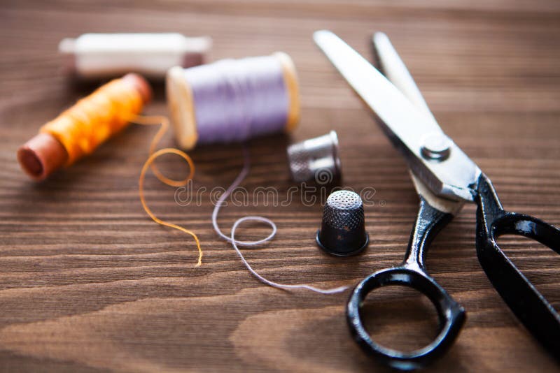Vintage Sewing Table with Scissors, Threads Stock Photo - Image of ...