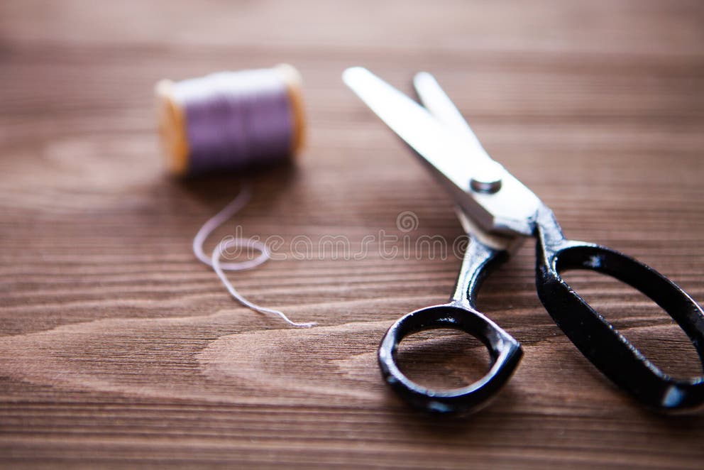 Vintage Sewing Table with Scissors, Threads Stock Image - Image of ...