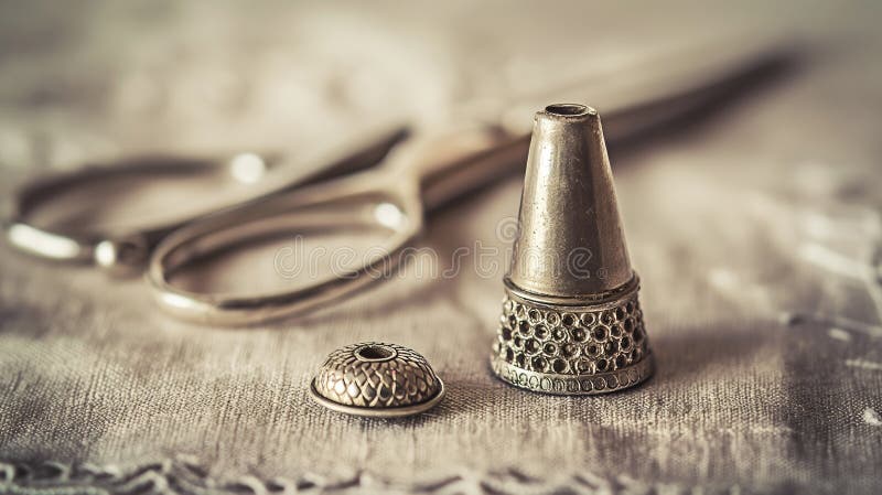 Vintage Sewing Tools, Thimble, and Scissors on Fabric, Antique Sewing ...