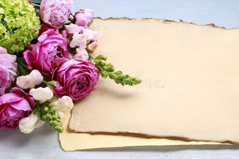 Vintage Sheets of Paper and Bouquet of Flowers, Copy Space Stock Photo ...