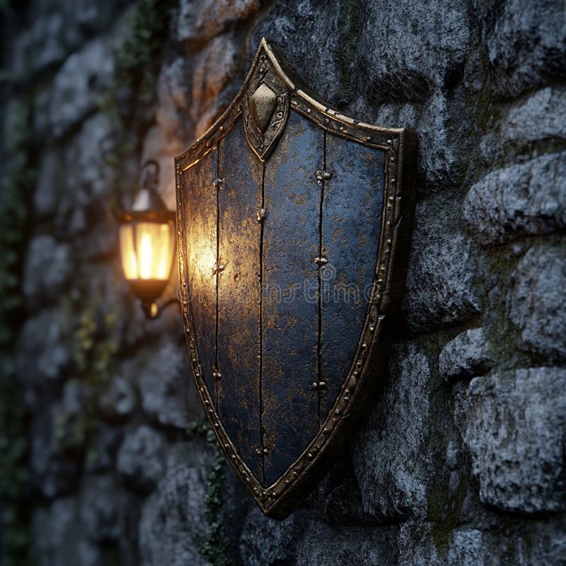 Vintage Shield Hanging on a Stone Wall with a Lantern. Stock ...