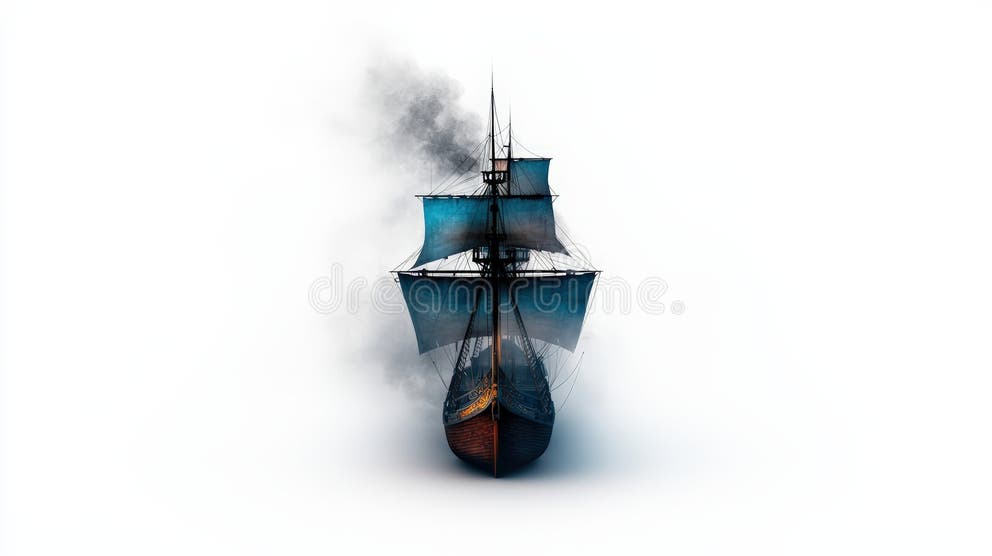 Vintage Ship with Blue Sails White Isolate Background Stock ...