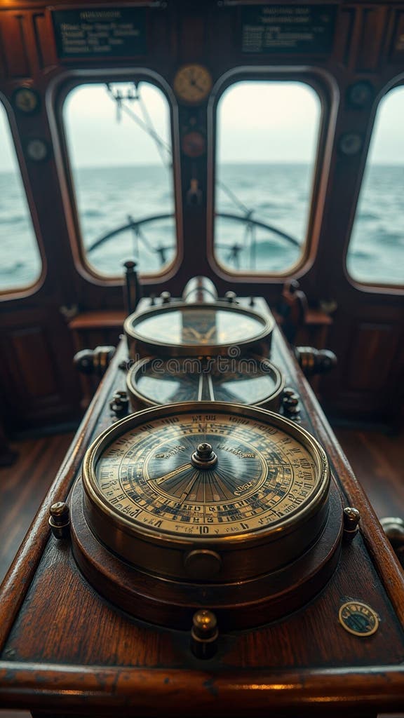 Vintage Ship Compass on Wooden Deck in Stormy Seas Stock Image - Image ...