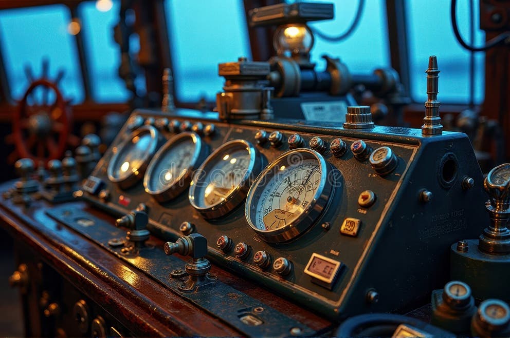 Vintage Ship Control Panel with Gauges in Nautical Setting Stock Image ...