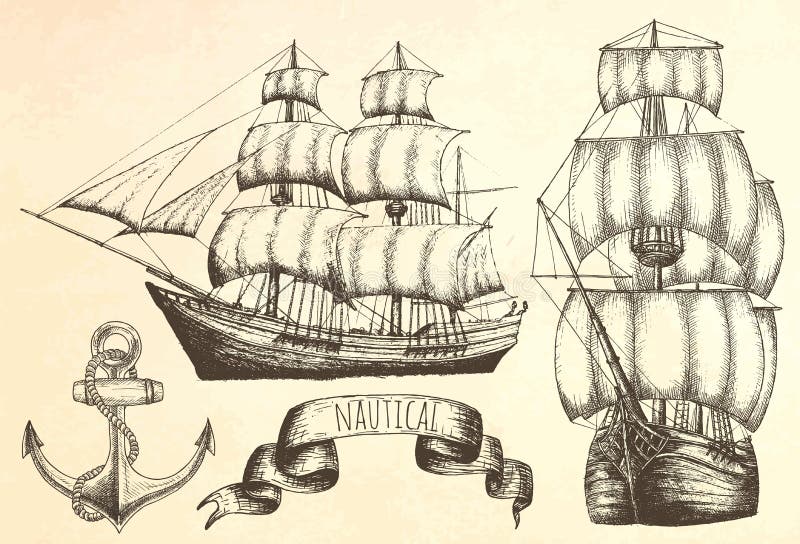 Vintage Ship. Items on the Marine Theme. Stock Vector - Illustration of ...