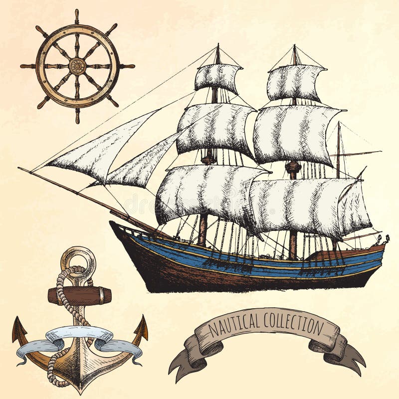 Vintage Ship. Items on the Marine Theme Stock Vector - Illustration of ...