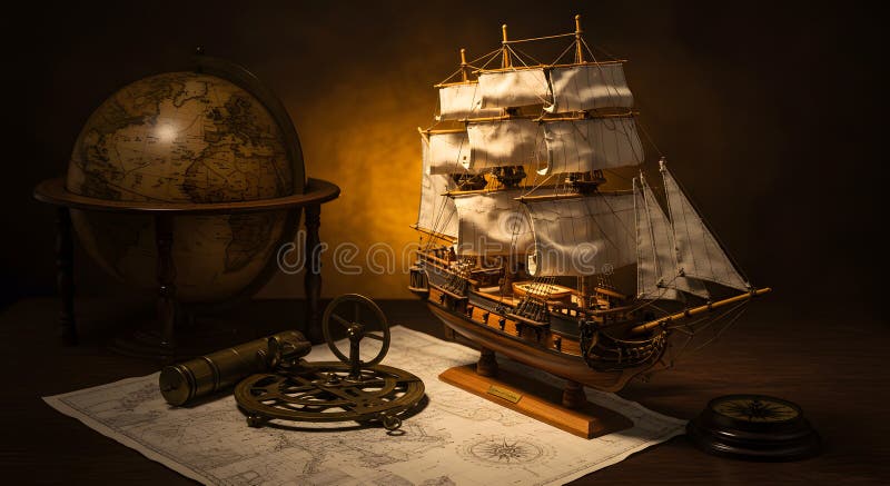 A Vintage Ship Model with Globe, Compass, and Sextant: a Still Life of ...