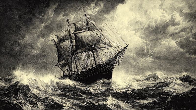Vintage Ship Navigating Stormy Seas, Dramatic Black and White Stock ...