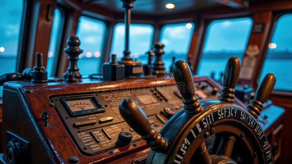 Vintage Ship Wheel and Control Panel in Nautical Vessel during Twilight ...