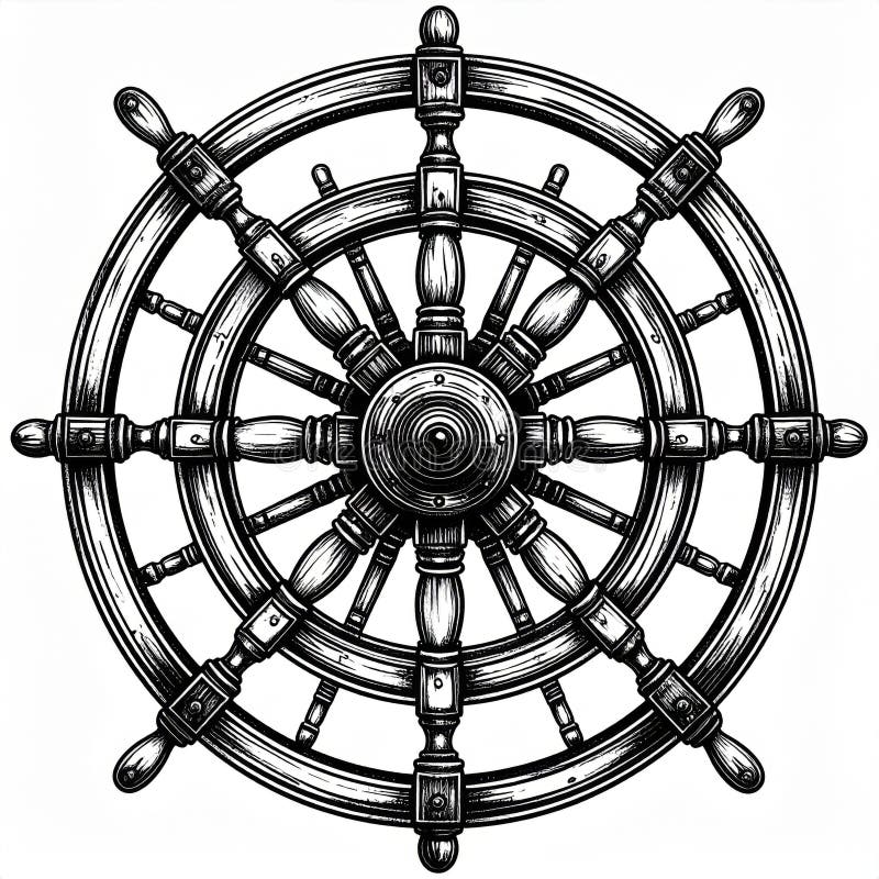 Vintage Ship Wheel Illustration Black and White Stock Illustration ...