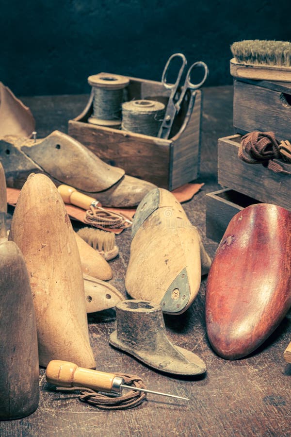 Vintage Shoemaker Workshop with Tools, Rules, Leather and Strap Stock ...