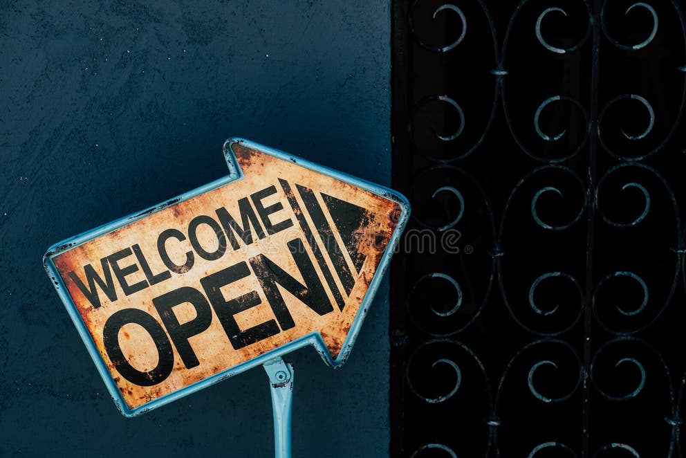 Vintage Sign on a Welcome Open Storefront Stock Image - Image of store ...