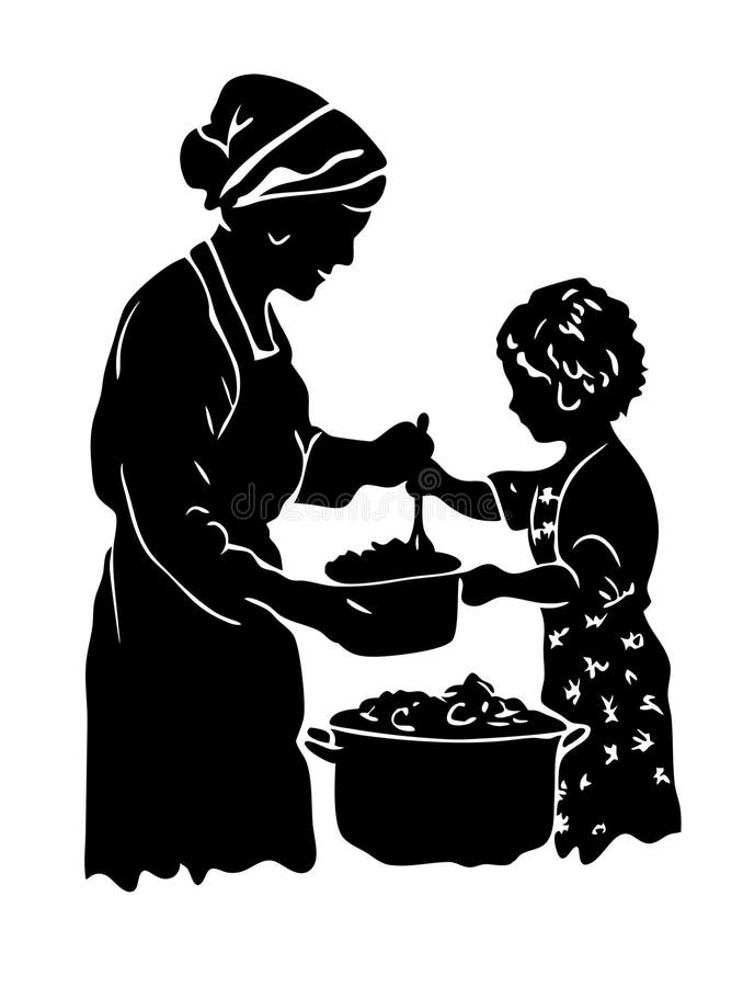 Vintage Family Cooking Silhouette Mother and Child in Kitchen Artwork ...