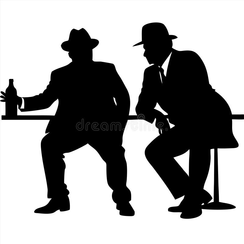 Vintage Silhouette Men Discussing at Table in Hats Vector Illustration ...