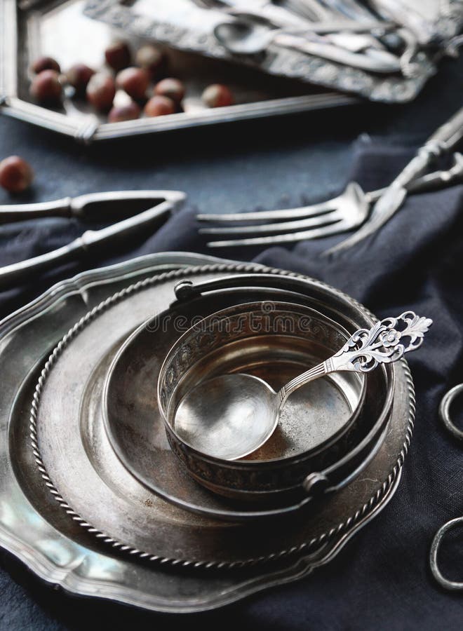 Vintage Silver Cutlery On Dark Stone Background. Old Kitchen Utensils ...
