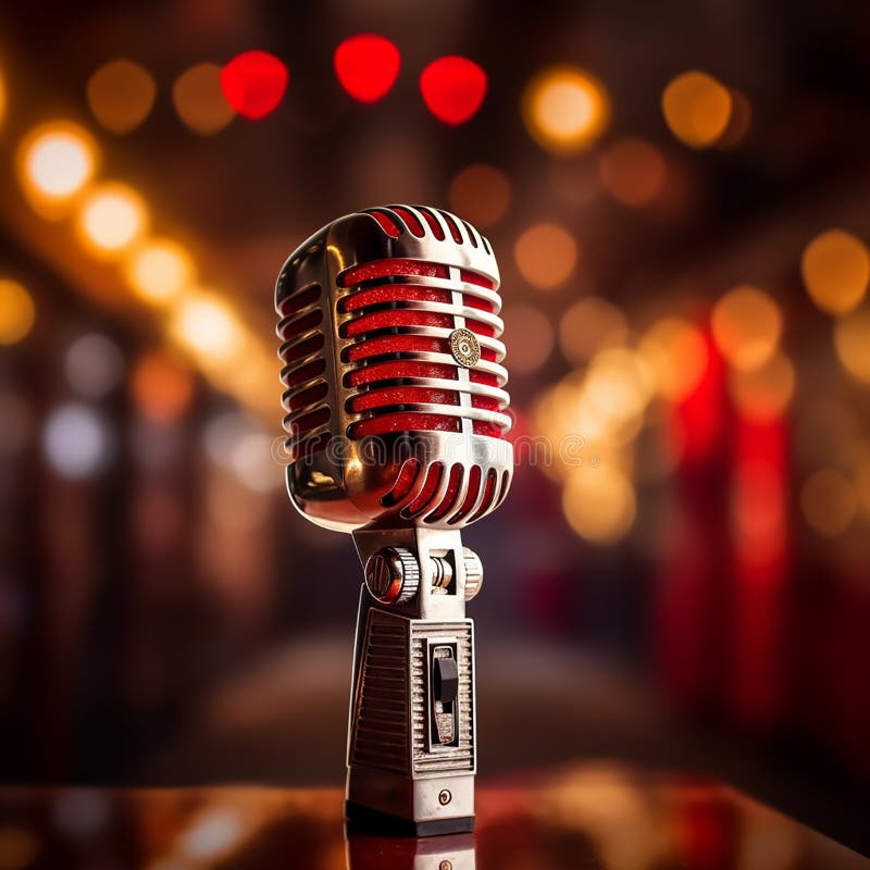 Vintage Silver Microphone in Front of Red Curtain Stock Photo - Image ...
