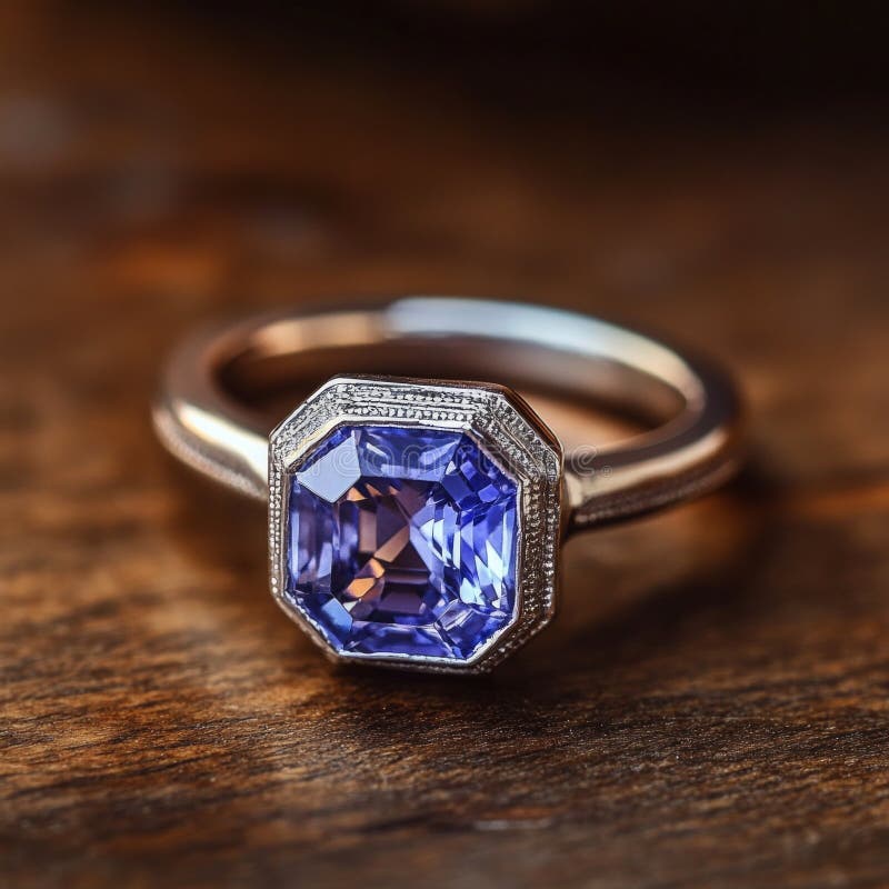 Vintage Silver Ring with Octagonal Tanzanite Gemstone on Wooden Surface ...