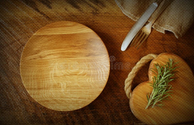 Vintage Silverware, Cutting Board, Plate, Rosemary on Rustic Wooden ...