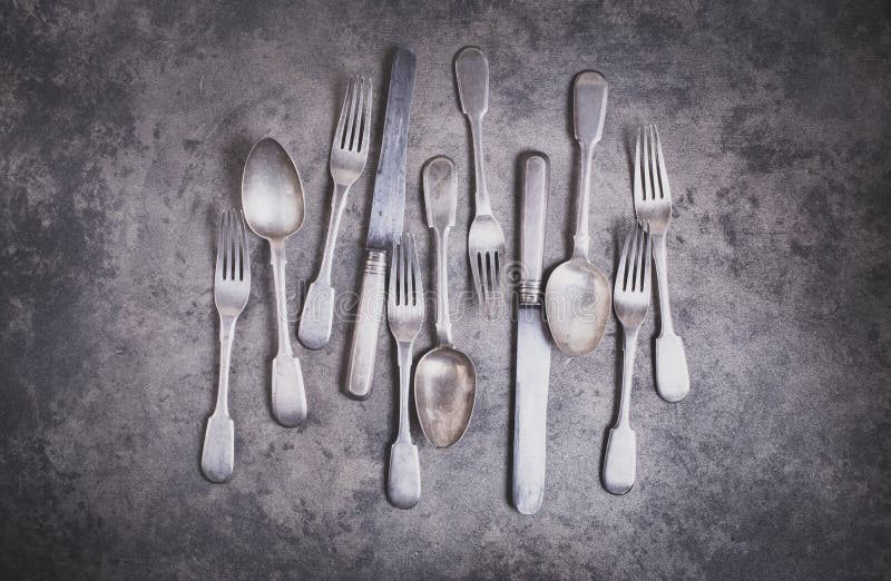 Vintage Silverware on Grunge Background Top View Stock Image - Image of ...