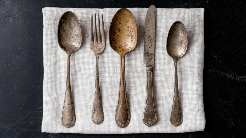 Vintage Silverware on a Linen Cloth Stock Illustration - Illustration ...