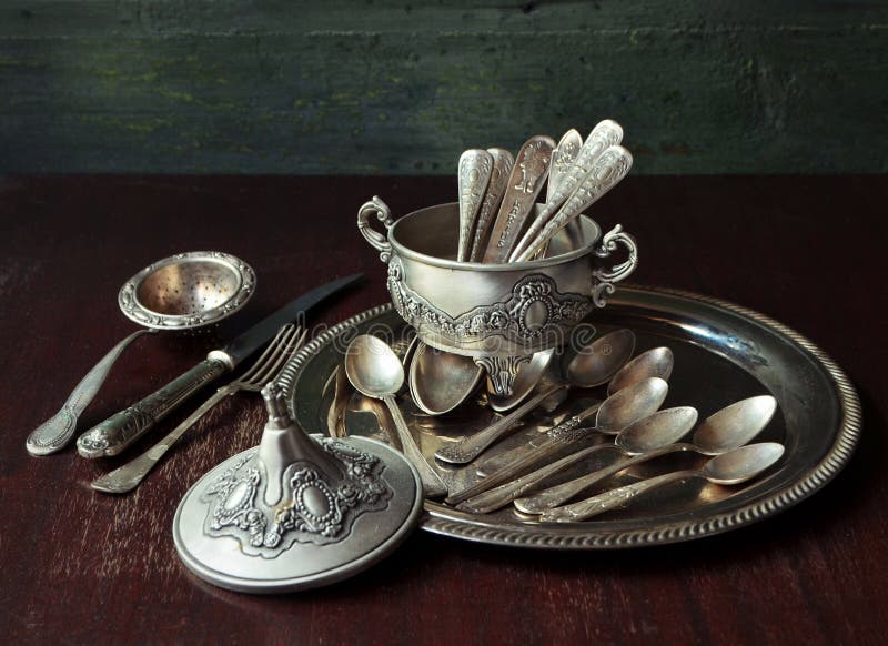 Vintage Silverware on the Old Wooden Stock Image - Image of antique ...