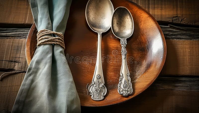 Vintage Silverware on Rustic Wooden Plate Stock Illustration ...