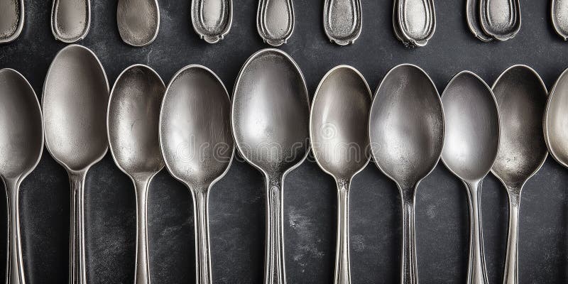 Vintage Silverware Spoons, Arranged in a Row, Metallic Texture, Shiny ...