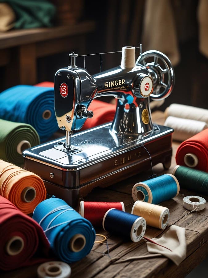 Vintage Singer Sewing Machine Threads Fabrics Stock Illustration ...