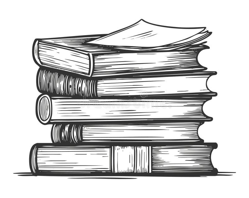 Vintage Sketch of a Stack of Books with Loose Paper on Top. Stock ...