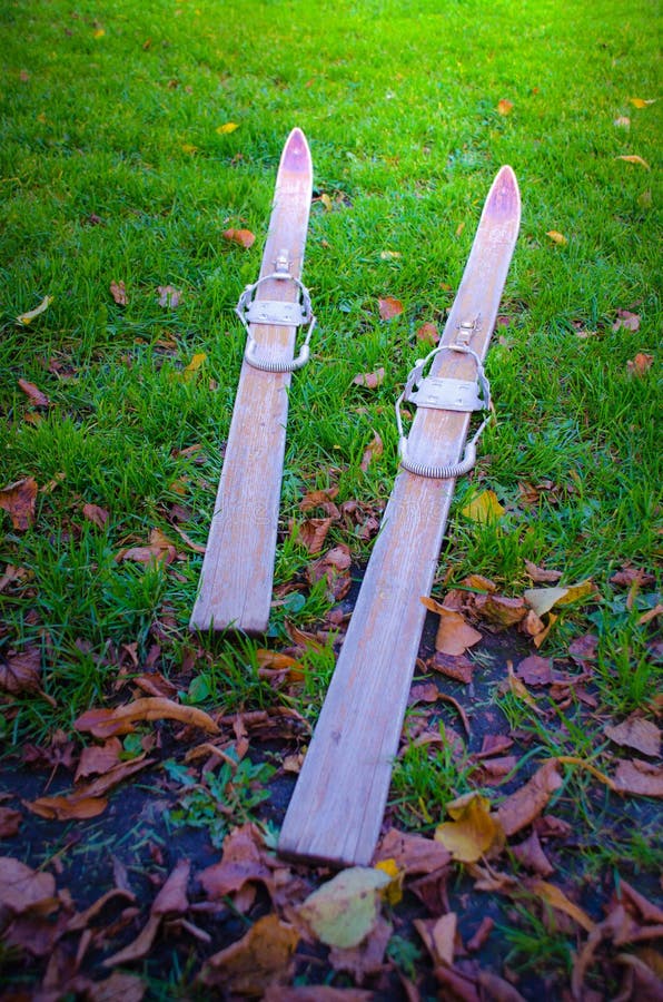 Vintage skis in summer stock image. Image of snow, aged - 34712269