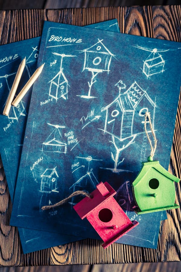 Vintage Small Bird Feeder and Construction Scheme Stock Image - Image ...