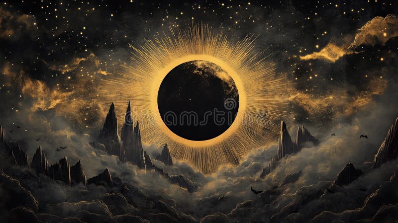 Vintage Solar Eclipse with Golden Halo Illustration Stock Image - Image ...