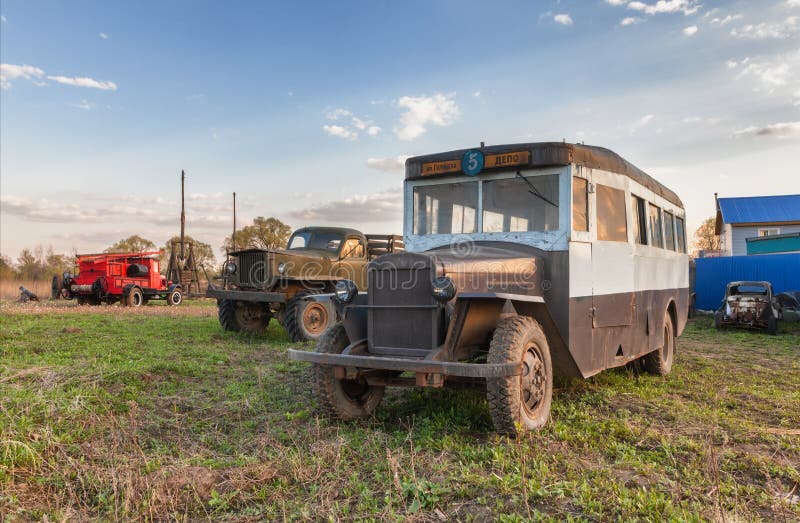 Vintage soviet retro bus stock photo. Image of field - 99180364
